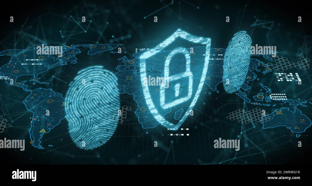Image of online security padlock, biometric fingerprint and data processing over world map ...