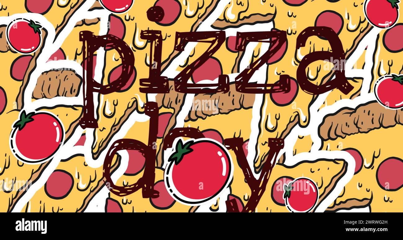 Image of pizza day over pizza and tomatoe icons. celebration and ...