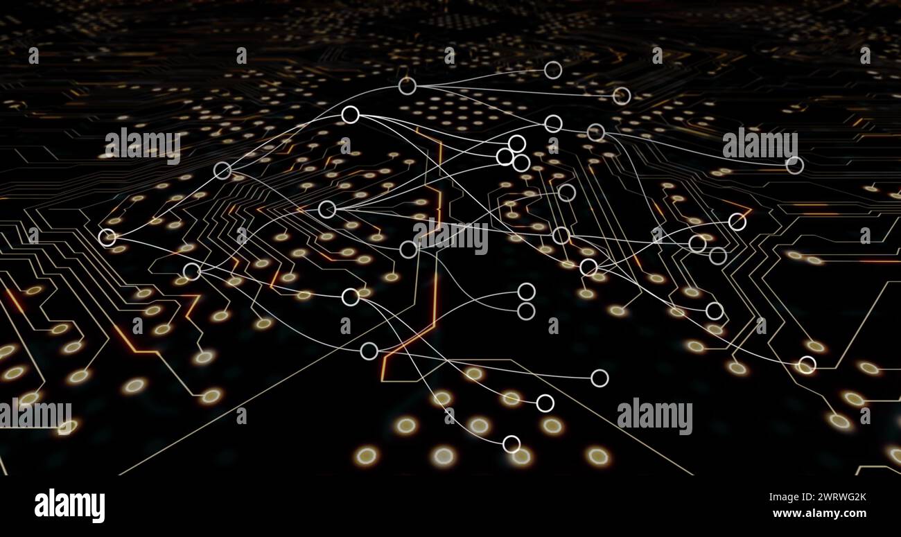 Digital Image Of Network Of Connections Over Microprocessor Connections Against Black Background