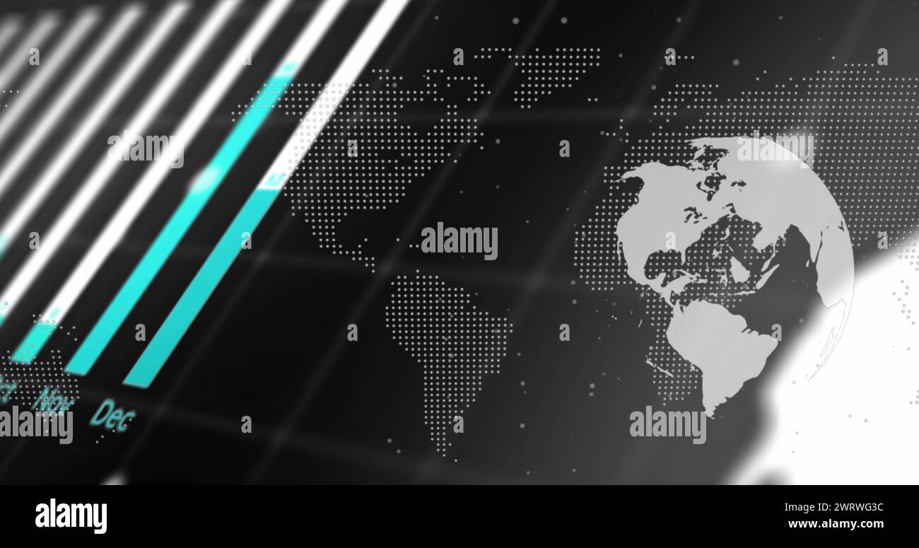 Digital image of statistical data processing over globe and world map on black background Stock ...