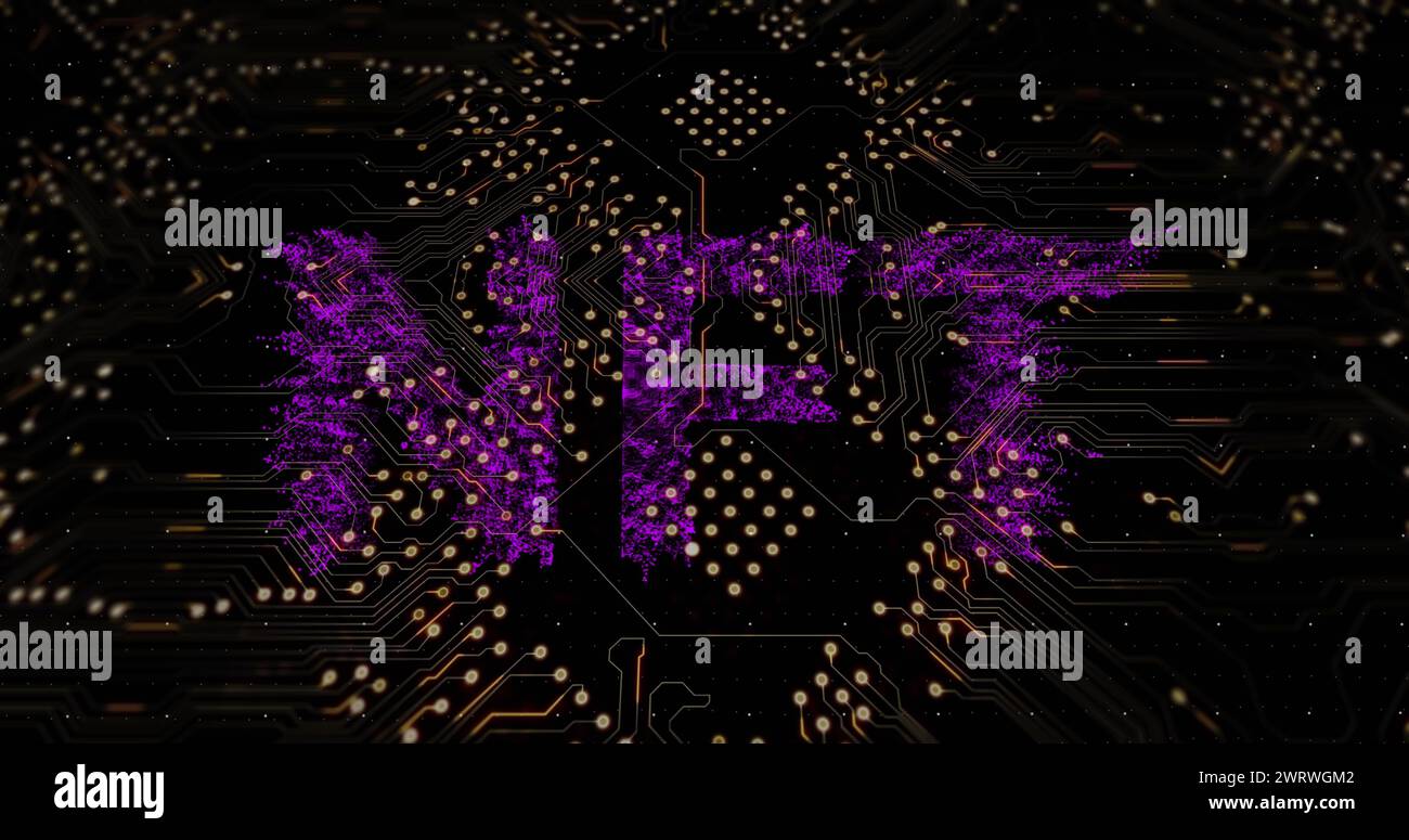Digital image of purple nft text banner over microprocessor connections on black background ...