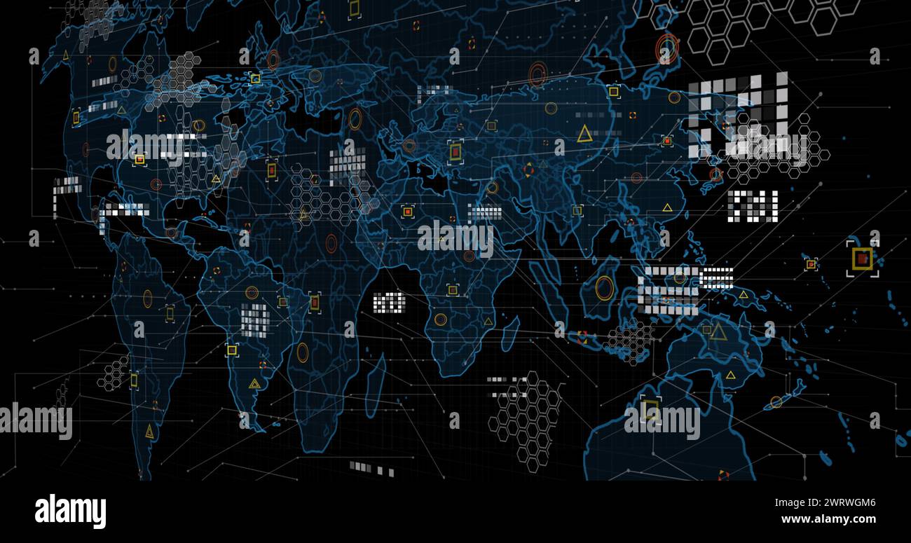 Digital image of data processing over world map against black ...