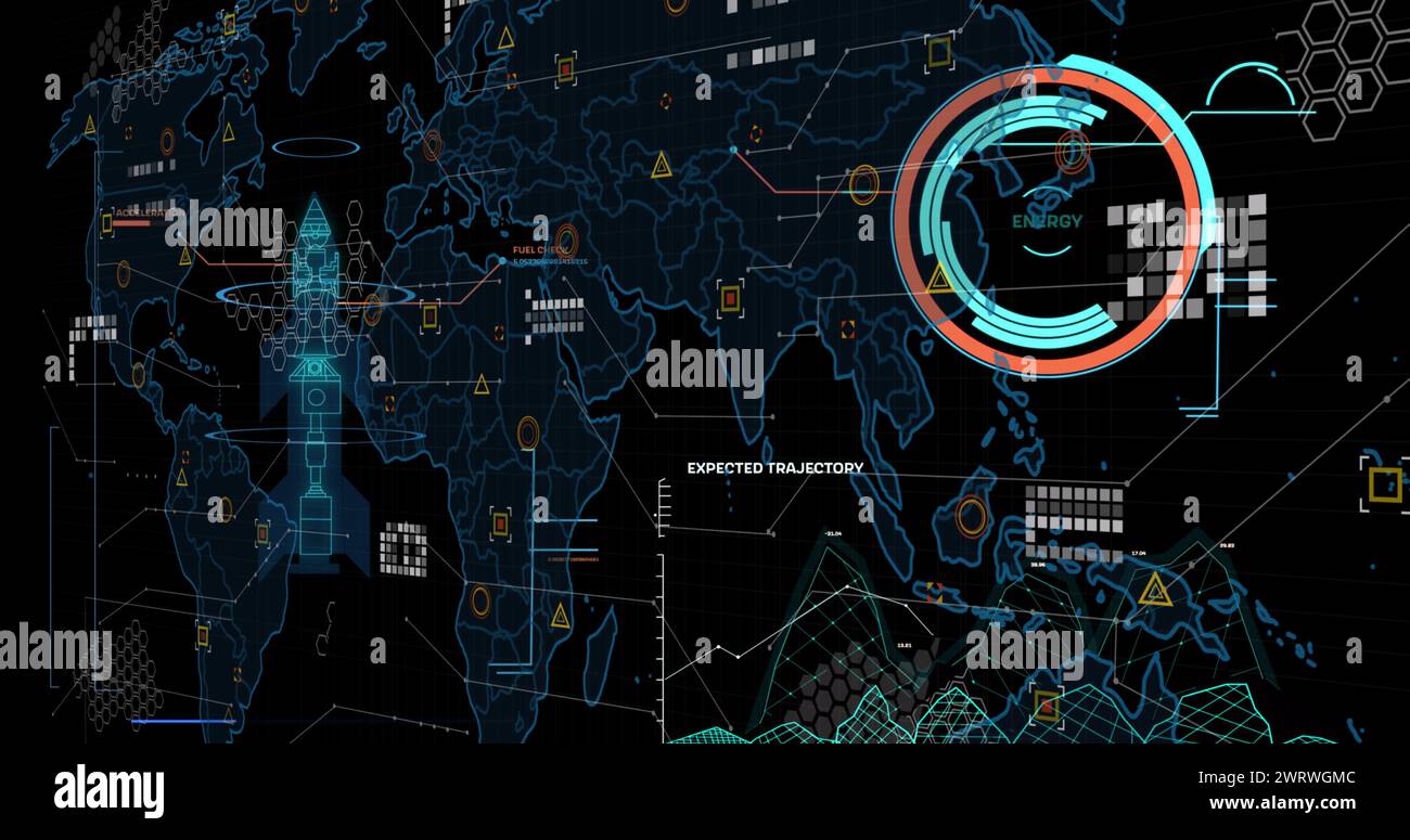 Digital image of interface with data processing over world map against ...