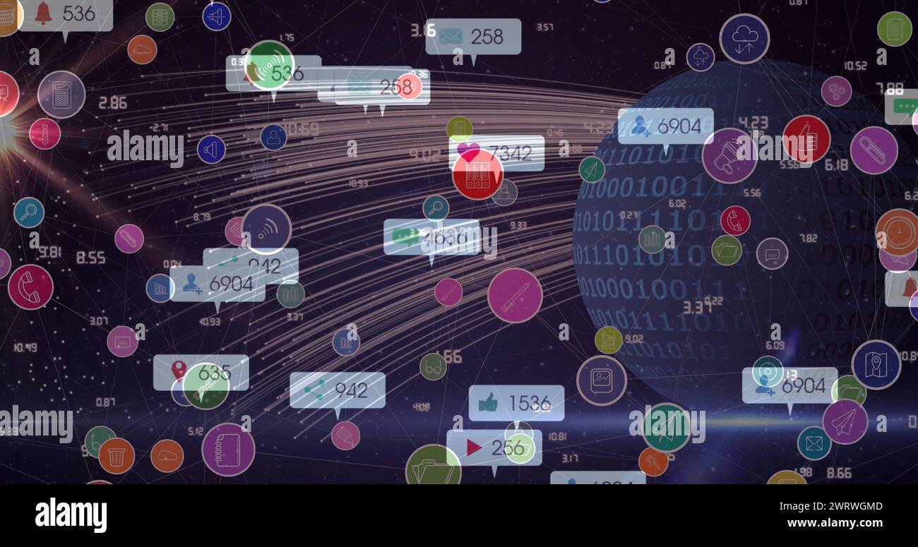 Image of social media reaction and tech icons over globe Stock Photo ...