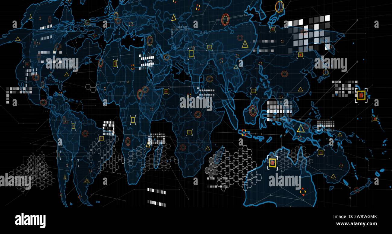 Digital image of data processing over world map against black ...
