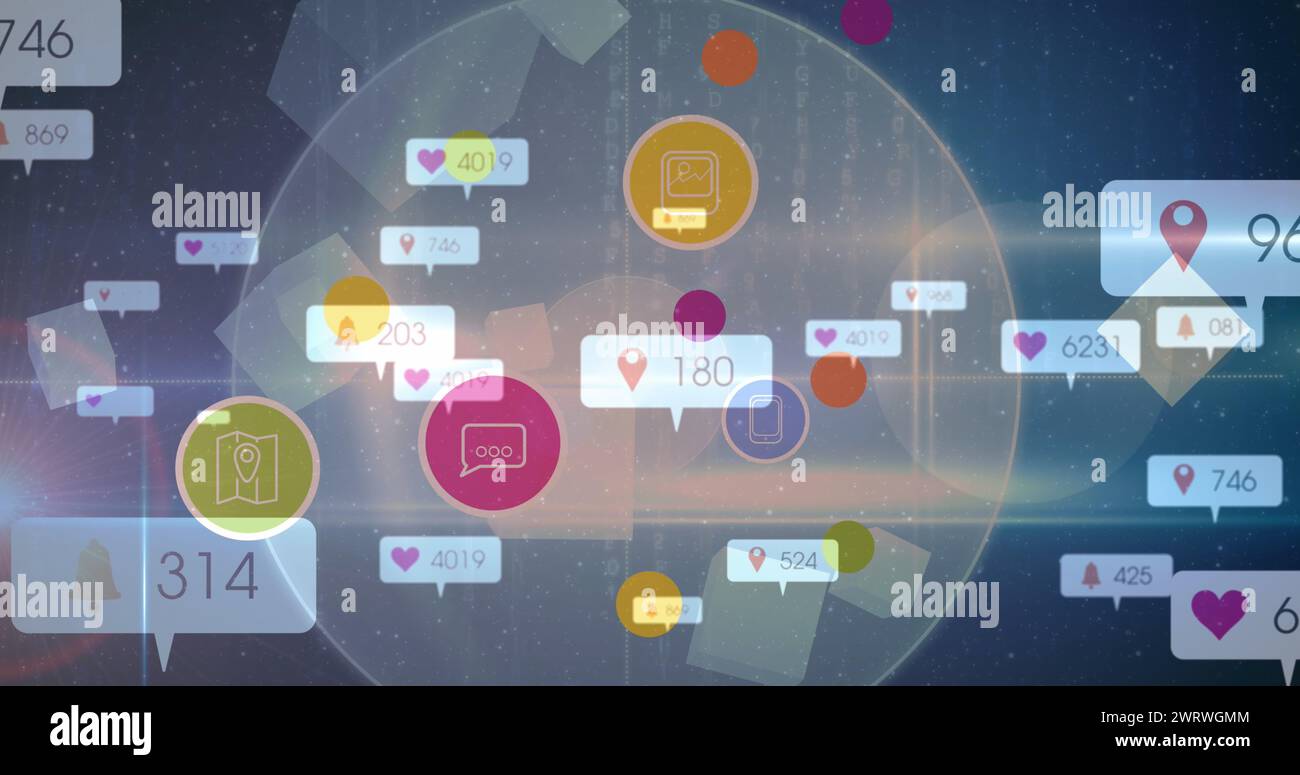 Image of social media reaction and tech icons over globe Stock Photo ...