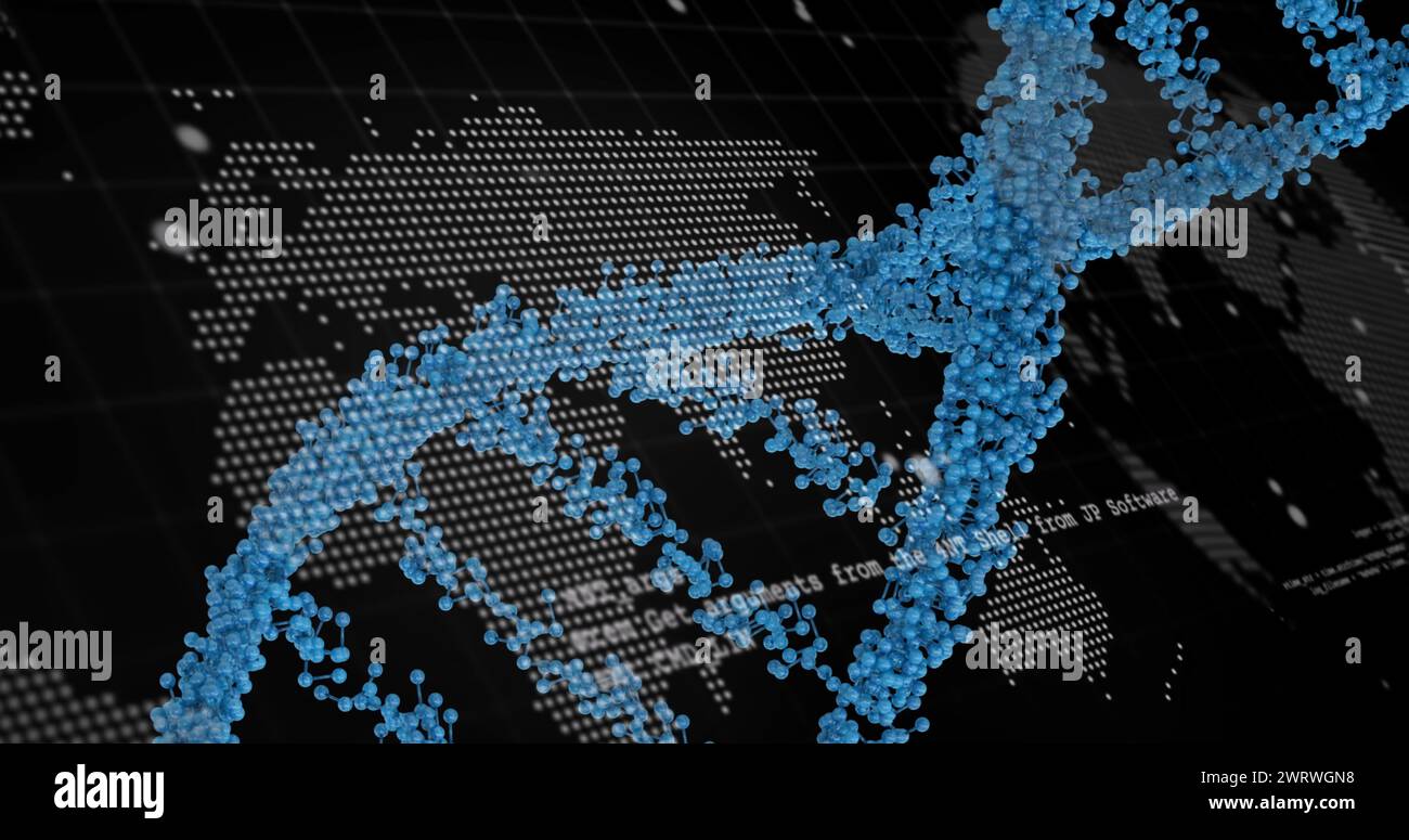 Digital Image Of Dna Structure And Data Processing Over World Map