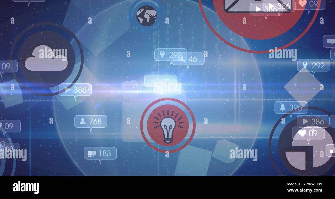 Image of social media reaction and tech icons over globe Stock Photo ...