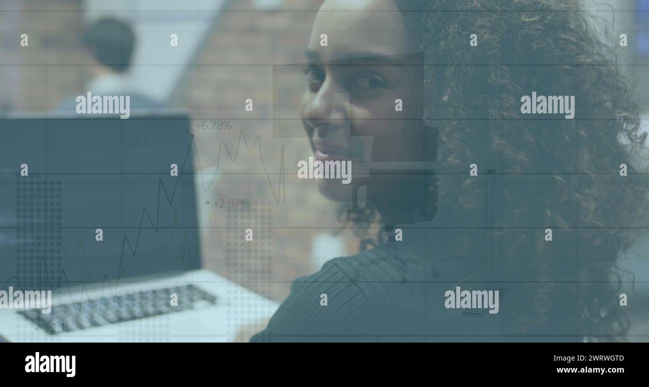 Image of data processing over african american woman using computer ...