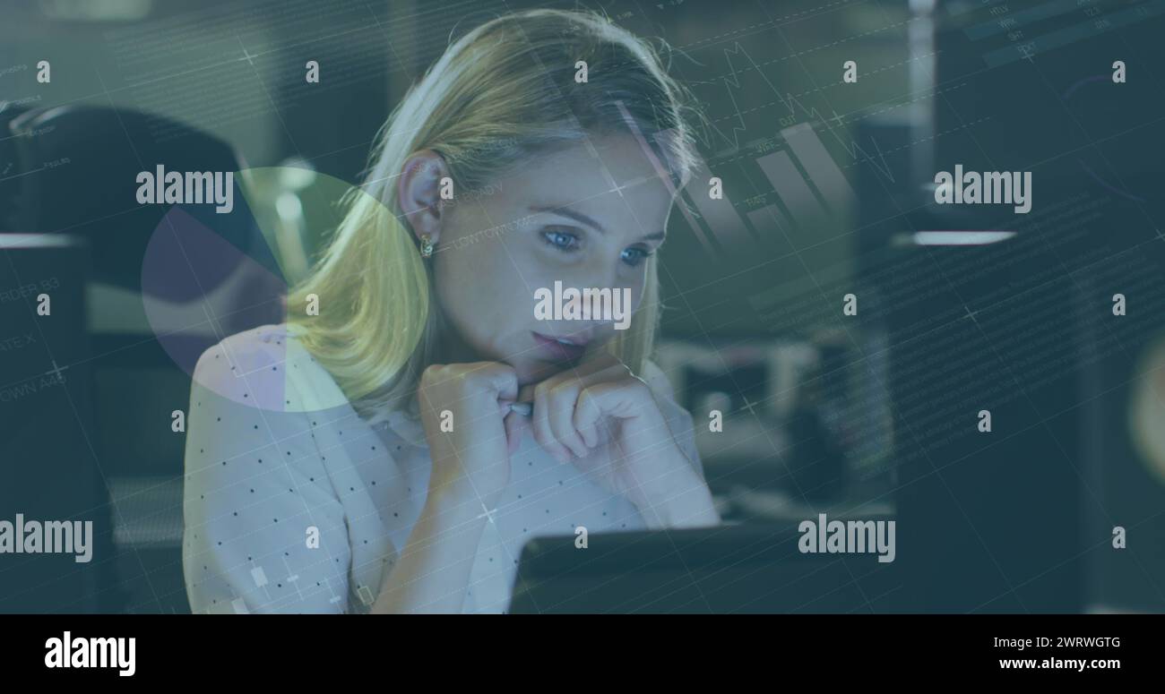 Image Of Statistical Data Processing Over Thoughtful Caucasian Woman Looking At Computer Screen