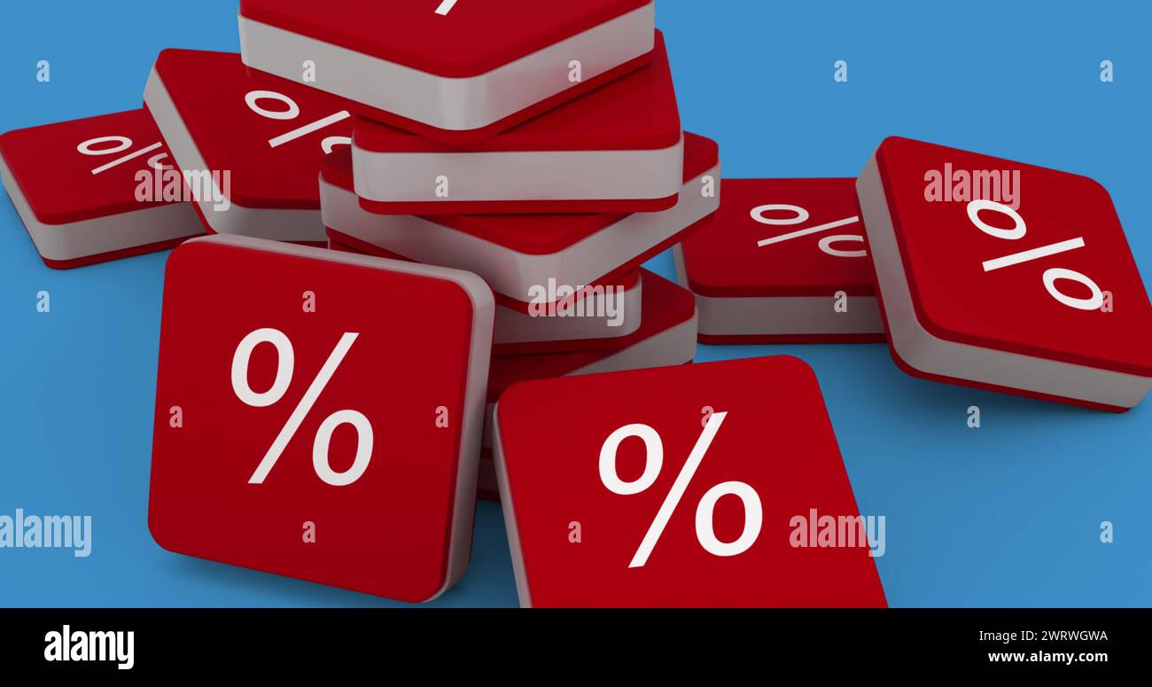 Image of percentage symbol on 3d square shape against blue background ...