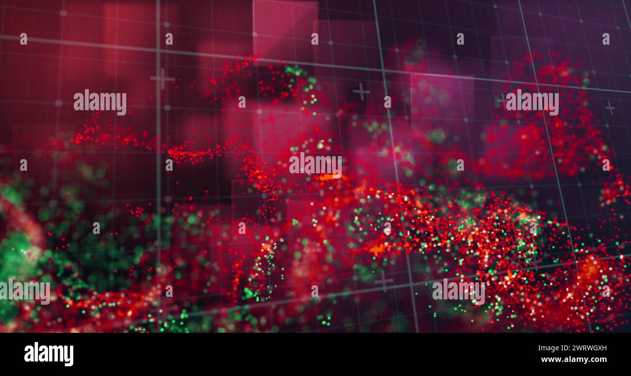 Image of red and green digital wave over purple square shapes floating against black background ...