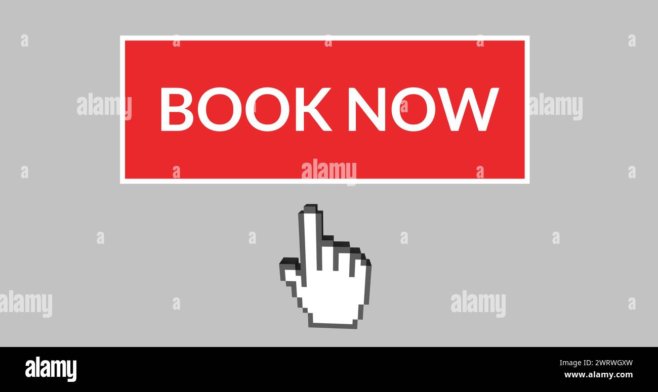 Digital image of a red book now button with a hand icon below pointing ...