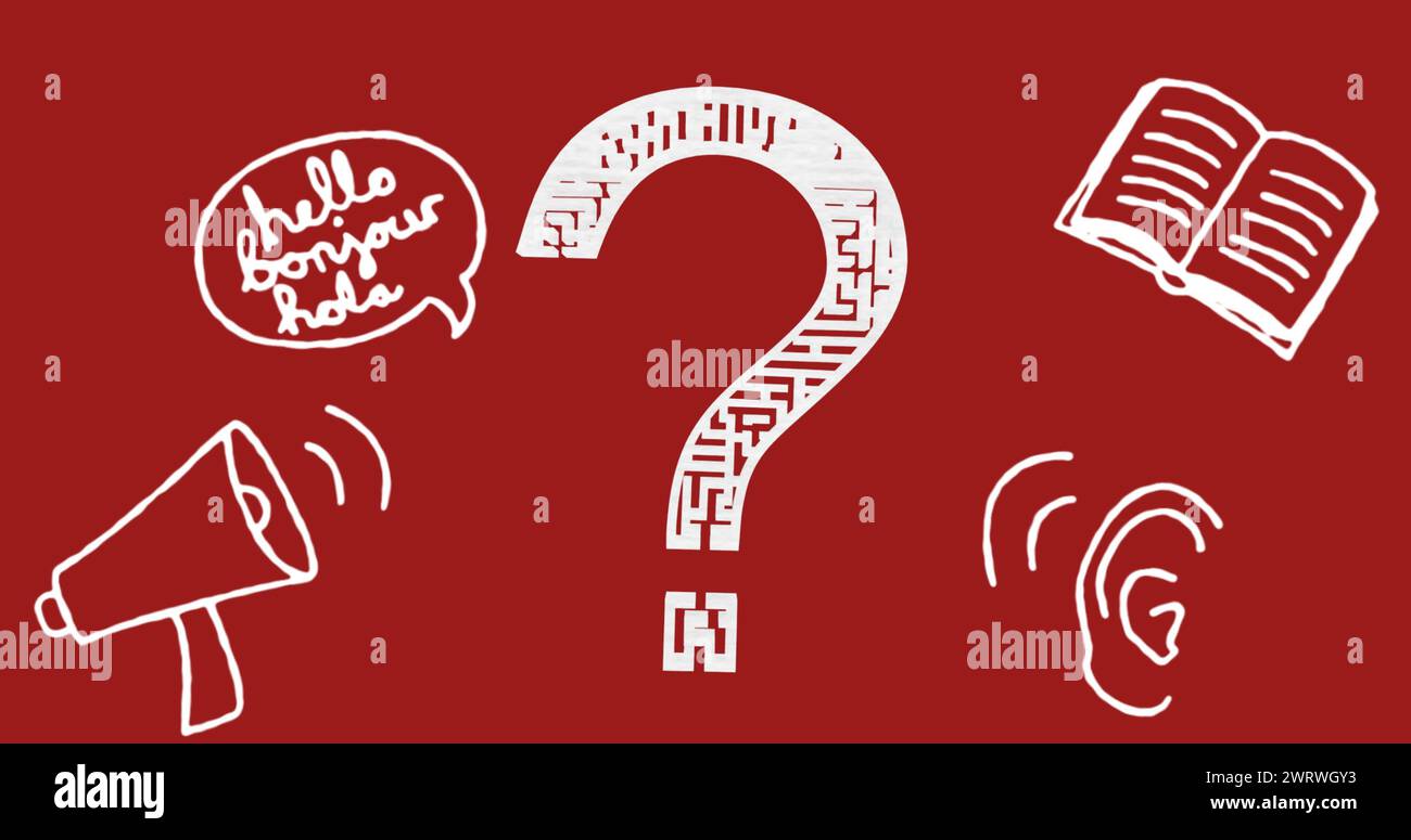 Image of question mark and icons on red background Stock Photo - Alamy