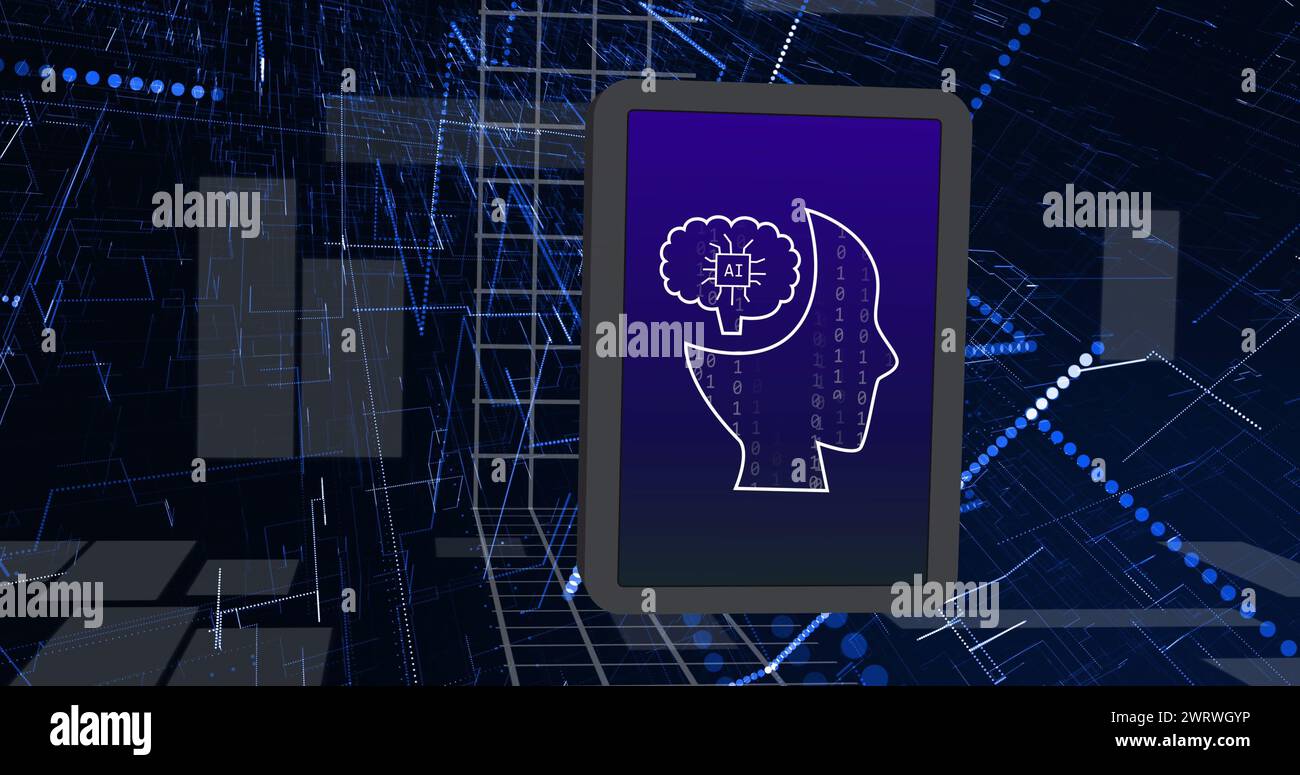 Image of ai data processing over tablet and dark background Stock Photo ...