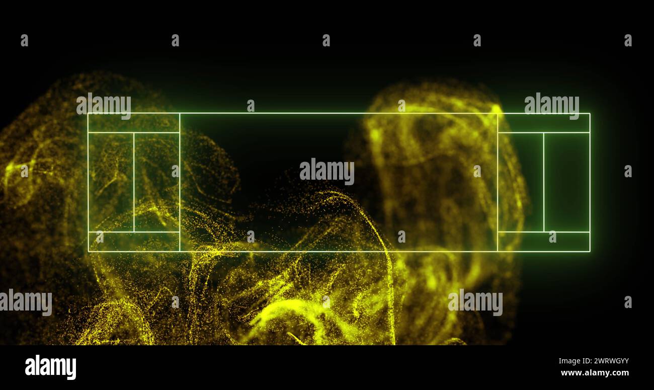 Image of sports court line markings over yellow particle cloud on black ...