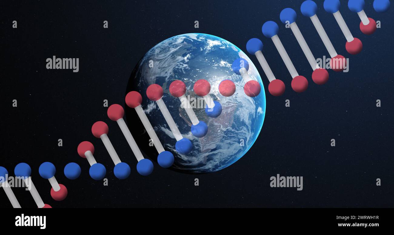 Image of dna strand spinning over globe Stock Photo - Alamy