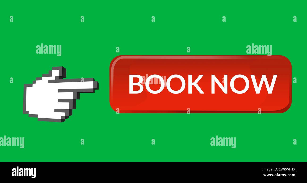 Digital image of red book now button with hand icon pointing towards it ...