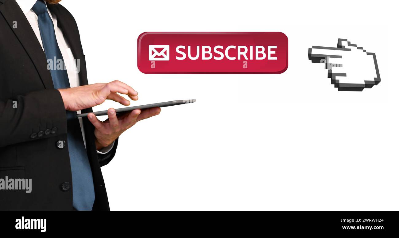 Digital image of a subscriber button with a hand icon pointing towards ...