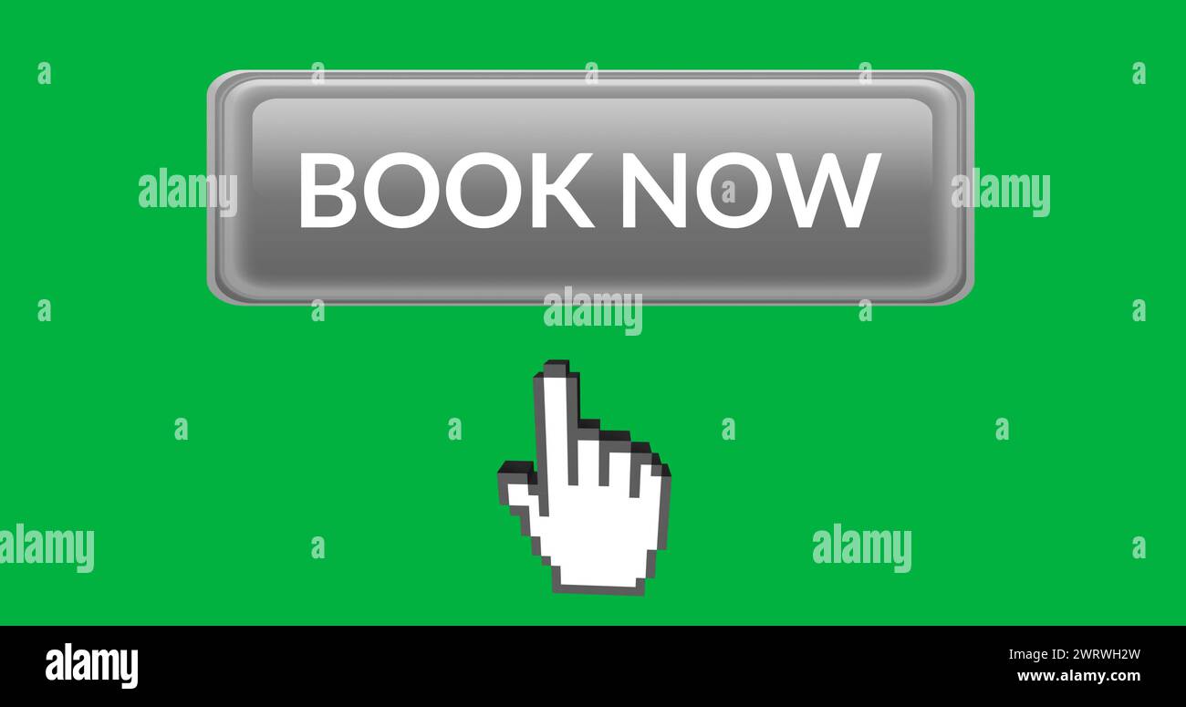 Digital image of grey book now button with hand icon pointing towards ...
