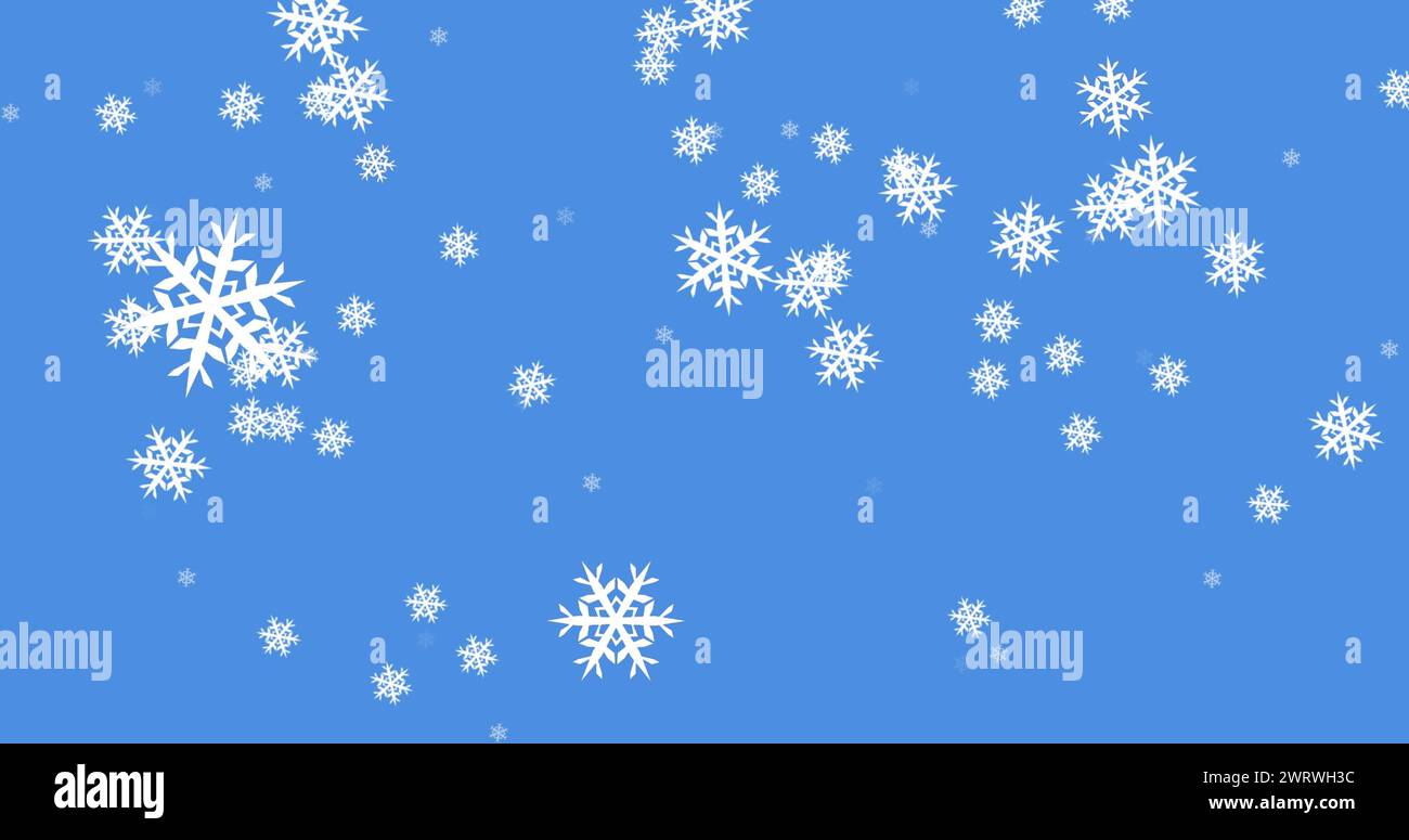 Digital image of multiple snowflakes icons falling against blue ...