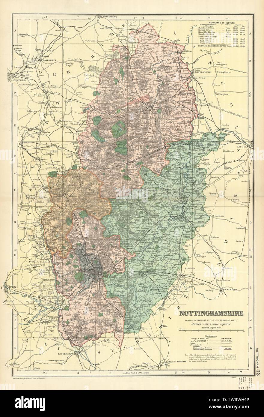 NOTTINGHAMSHIRE antique county map by GW BACON 1898 old plan chart ...