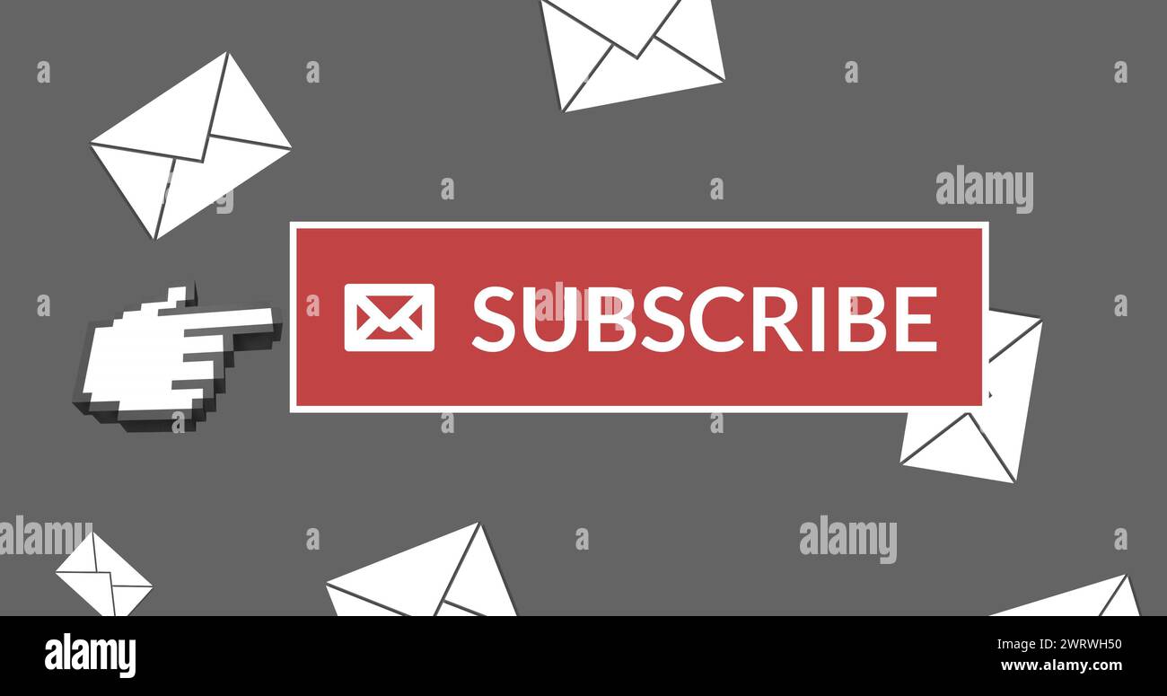 Digital image of subscribe button with hand icon pointing towards it ...