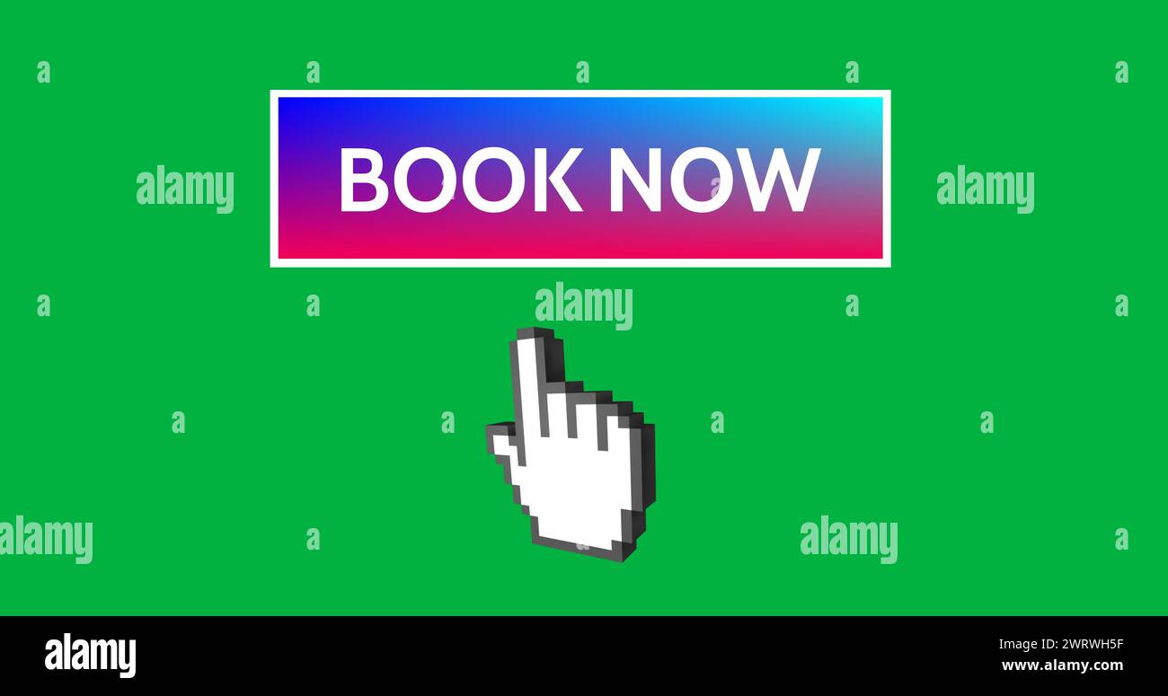 Digital image of colorful book now button with hand icon pointing ...