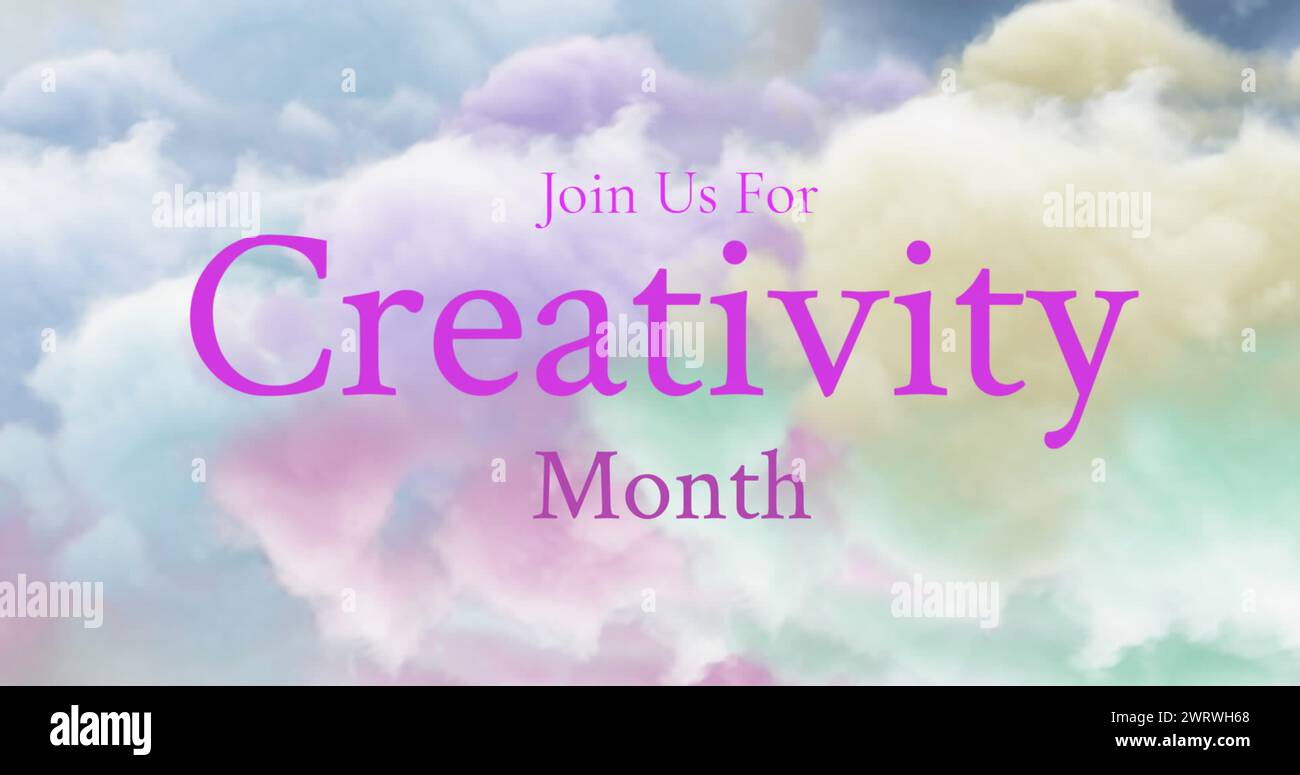 Image of join us for creativity month text, with balloons over clouds ...