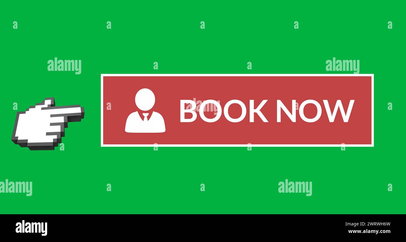 Digital image of red book now and person icon button with hand icon on ...