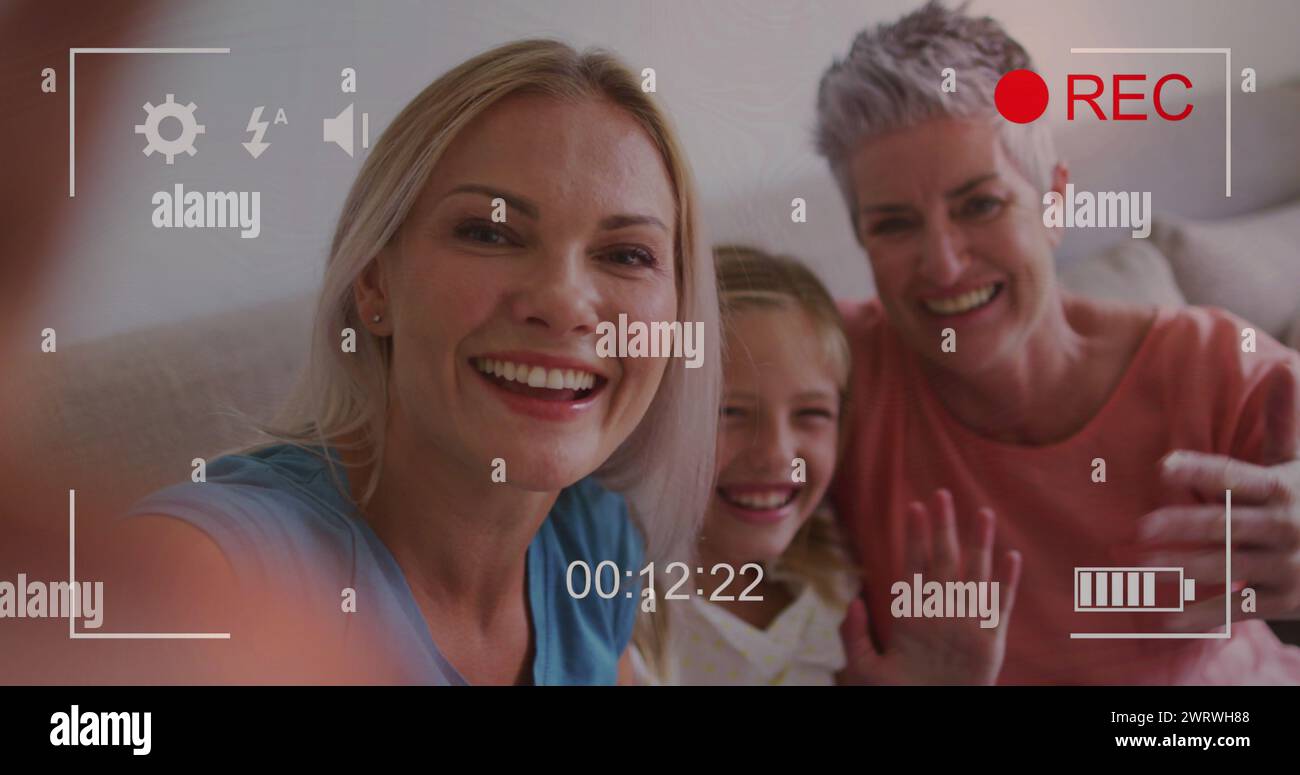 Image of play screen over caucasian family taking selfie Stock Photo ...