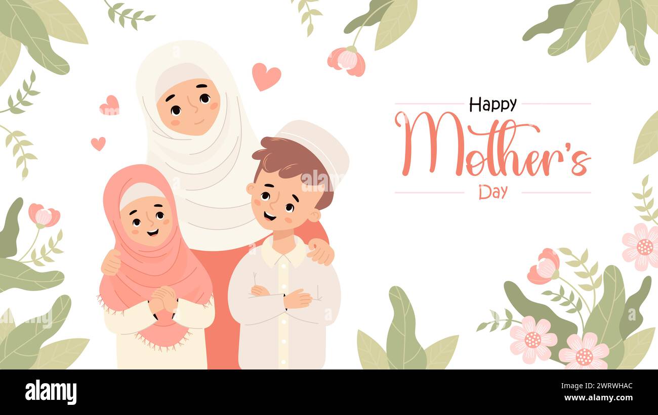 Happy Islamic family. Mothers Day poster. Cute muslim mother with son ...