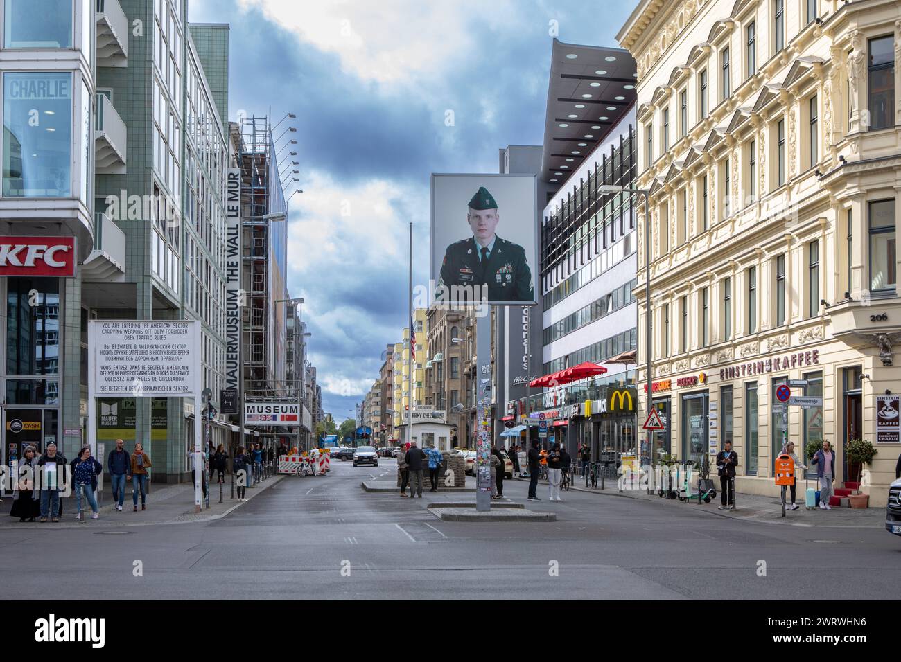 September 2022 -Checkpoint Charlie Landmark boundary marking east & west Berlin with a white ...