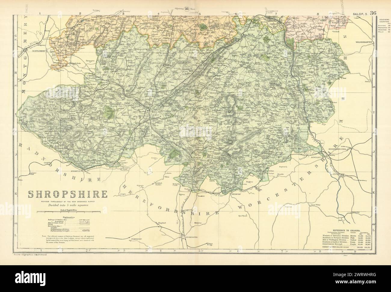 SHROPSHIRE (South) antique county map by GW BACON 1898 old chart Stock ...