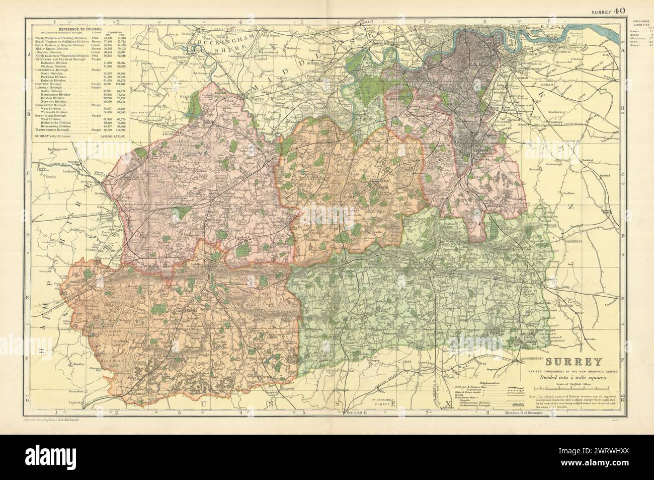 SURREY antique county map by GW BACON 1898 old vintage plan chart Stock ...