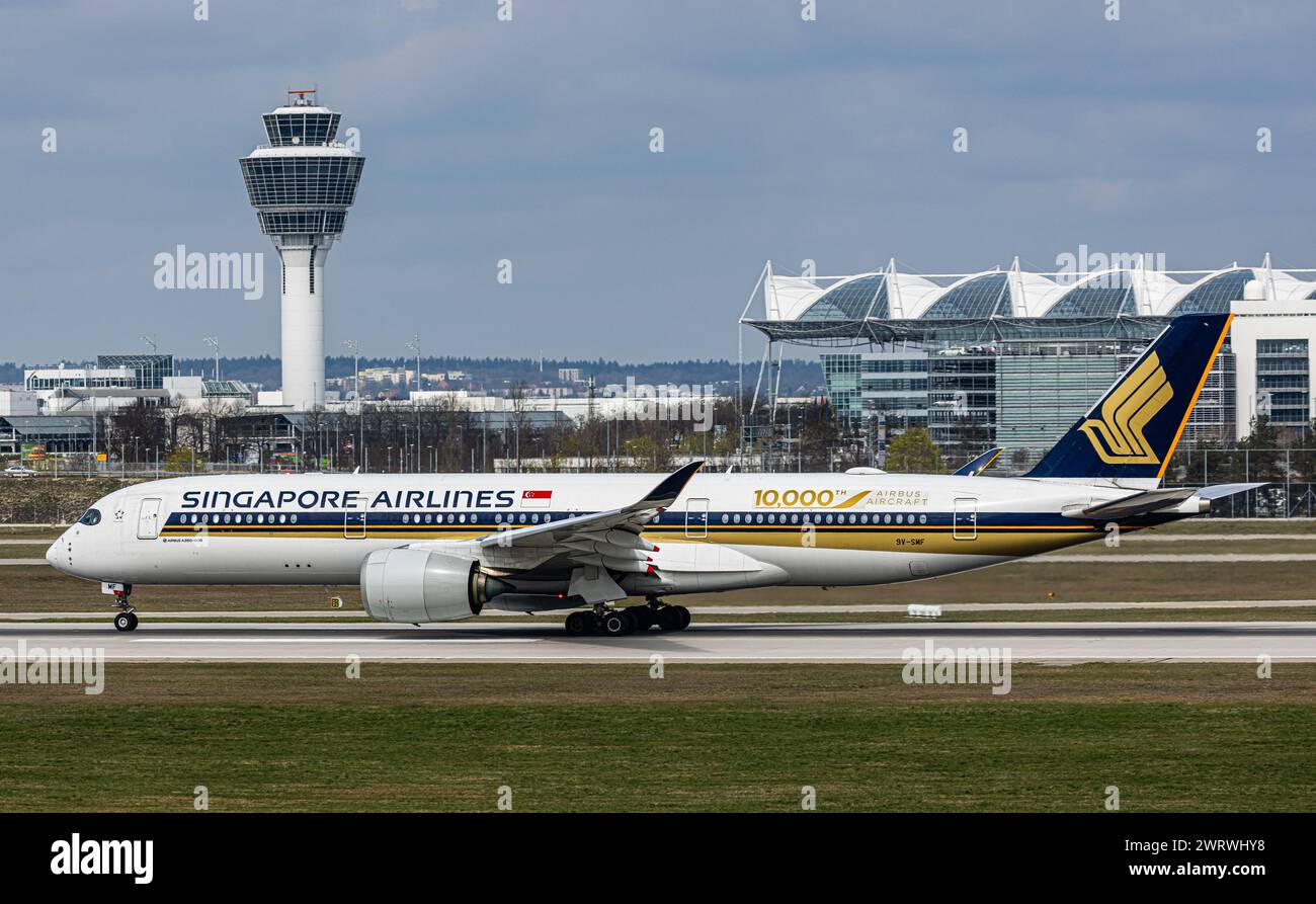 Ein Airbus A350-941 von Singapore Airlines startet von der Südbahn des ...