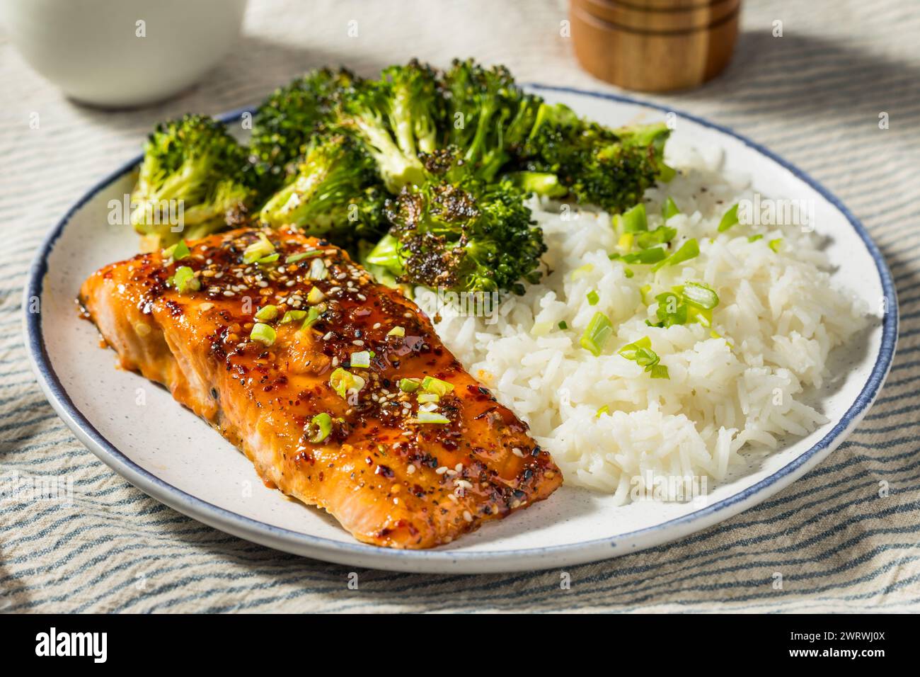 Healthy Homemade Baked Hot Honey Salmon with Rice and Broccoli Stock ...