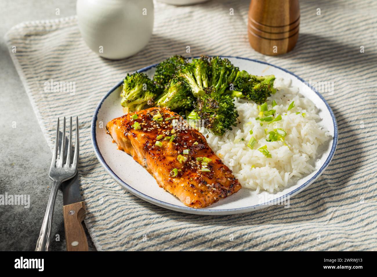 Healthy Homemade Baked Hot Honey Salmon with Rice and Broccoli Stock ...