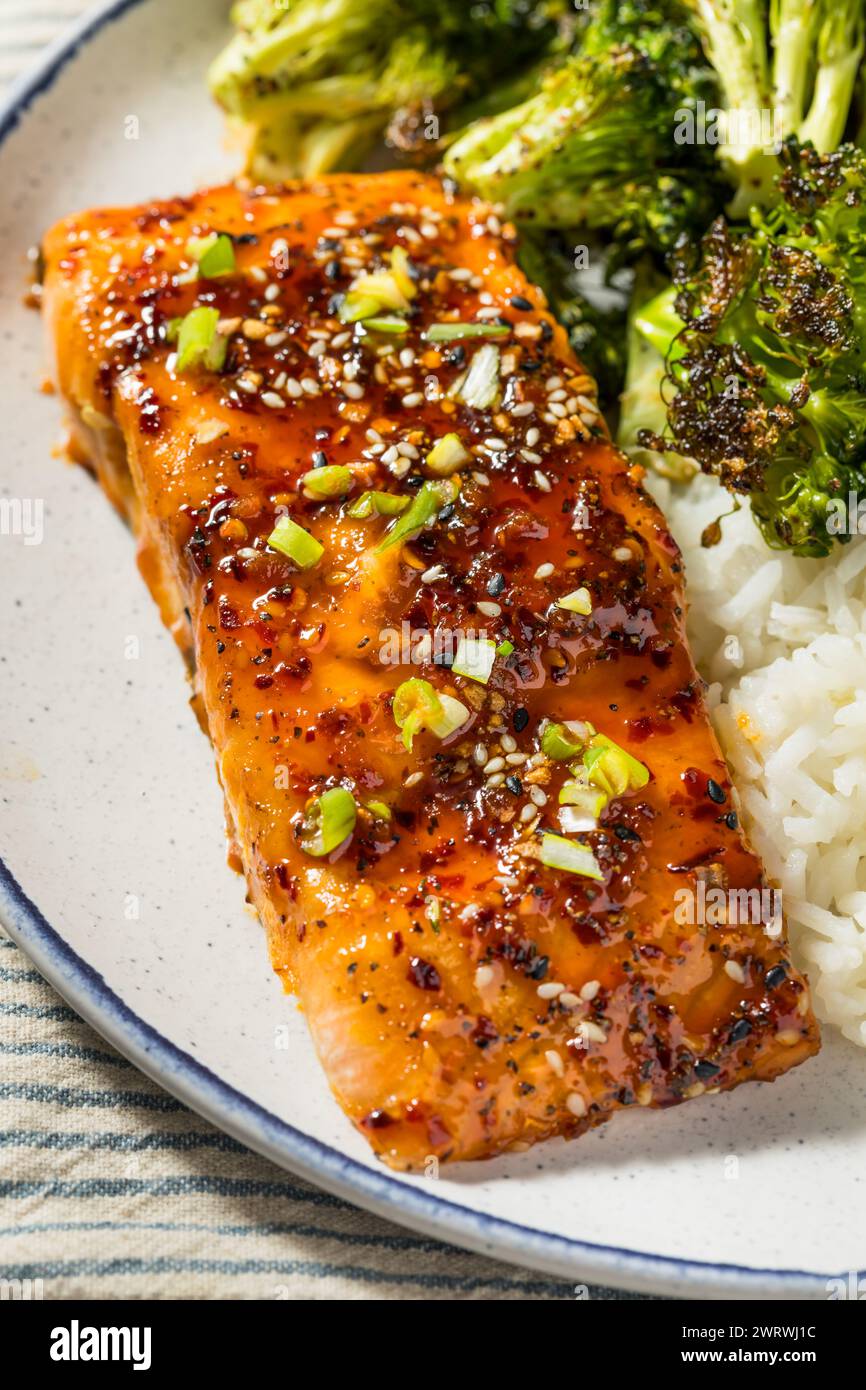 Healthy Homemade Baked Hot Honey Salmon with Rice and Broccoli Stock ...