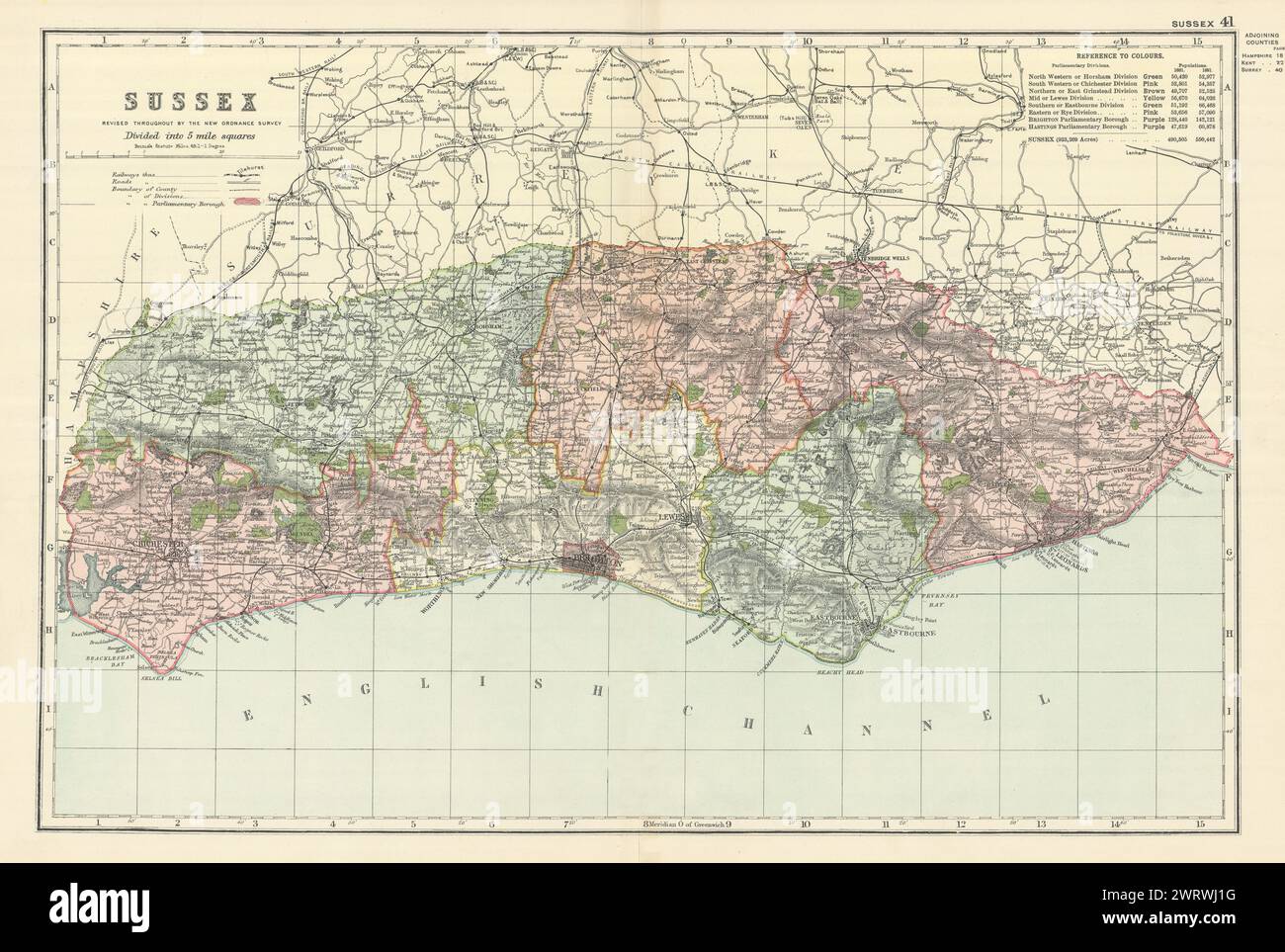 SUSSEX antique county map by GW BACON 1898 old vintage plan chart Stock ...