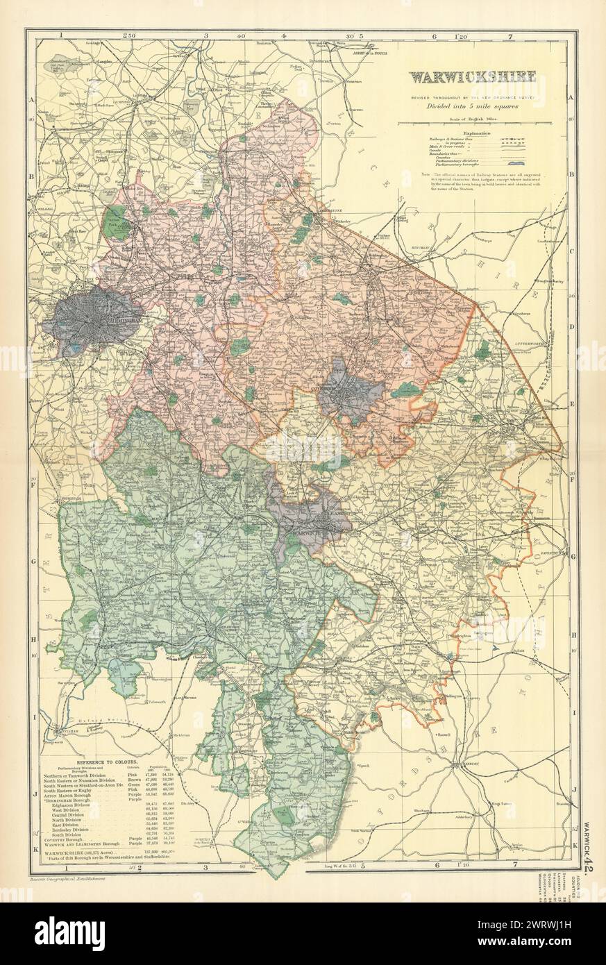 WARWICKSHIRE antique county map by GW BACON 1898 old plan chart Stock ...