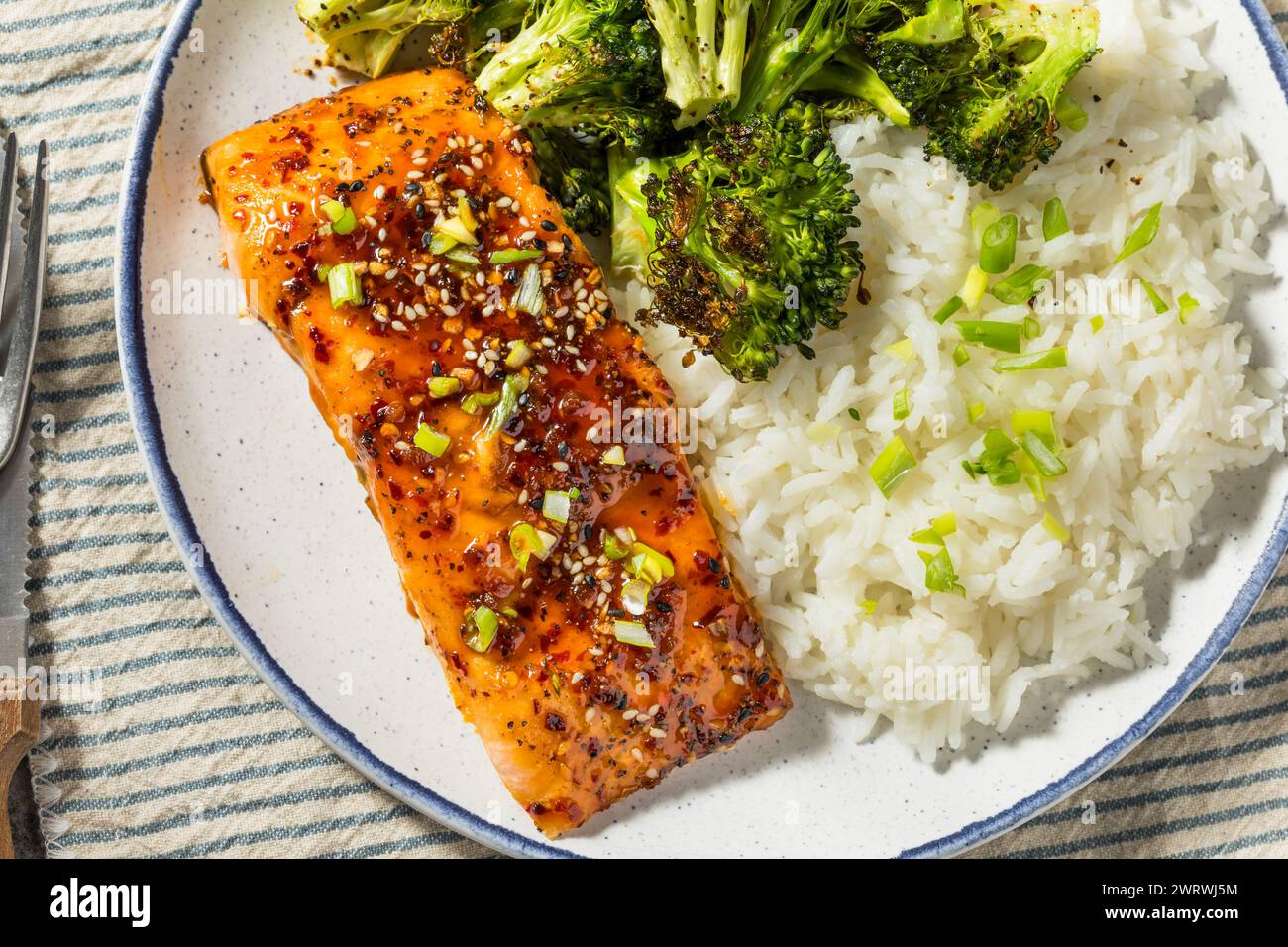Healthy Homemade Baked Hot Honey Salmon with Rice and Broccoli Stock ...