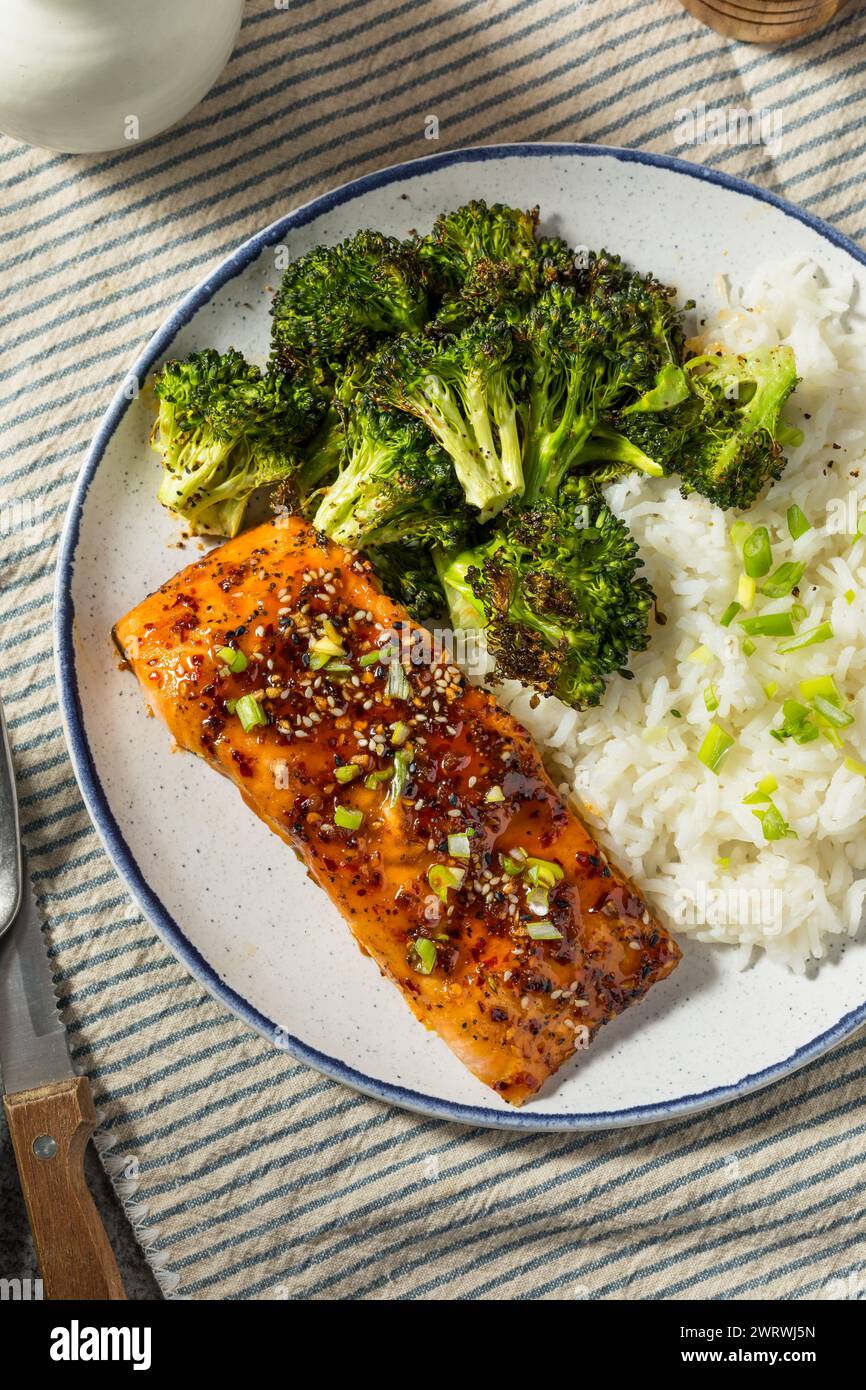 Healthy Homemade Baked Hot Honey Salmon with Rice and Broccoli Stock ...