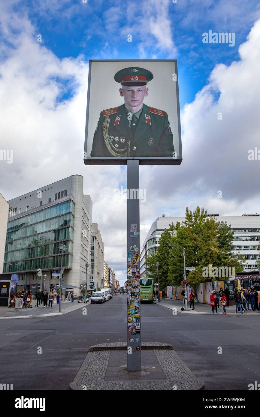September 2022 -Checkpoint Charlie Landmark boundary marking east & west Berlin with a white ...