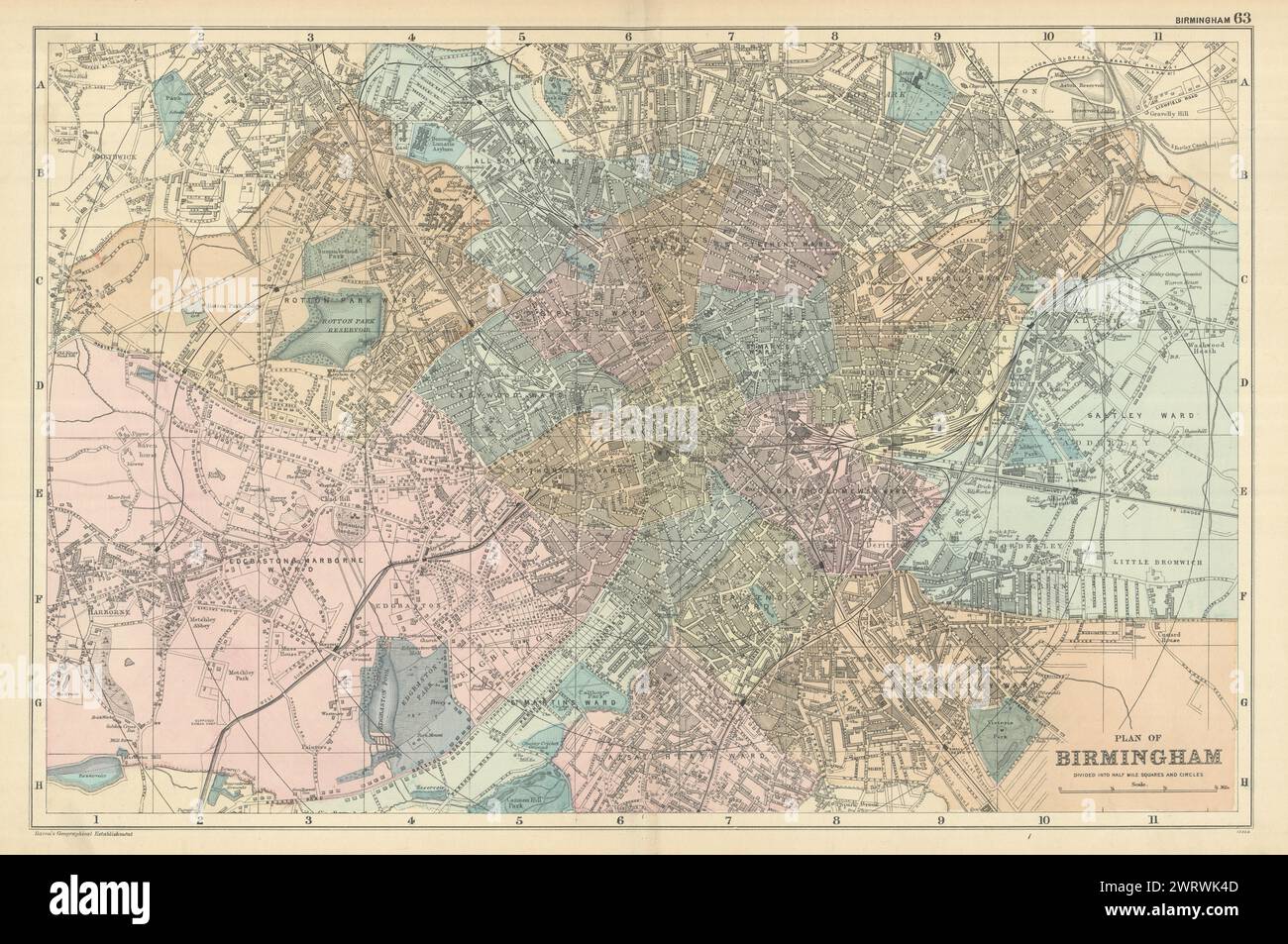 BIRMINGHAM Aston Edgbaston Bordesley town city plan GW BACON 1898 old ...