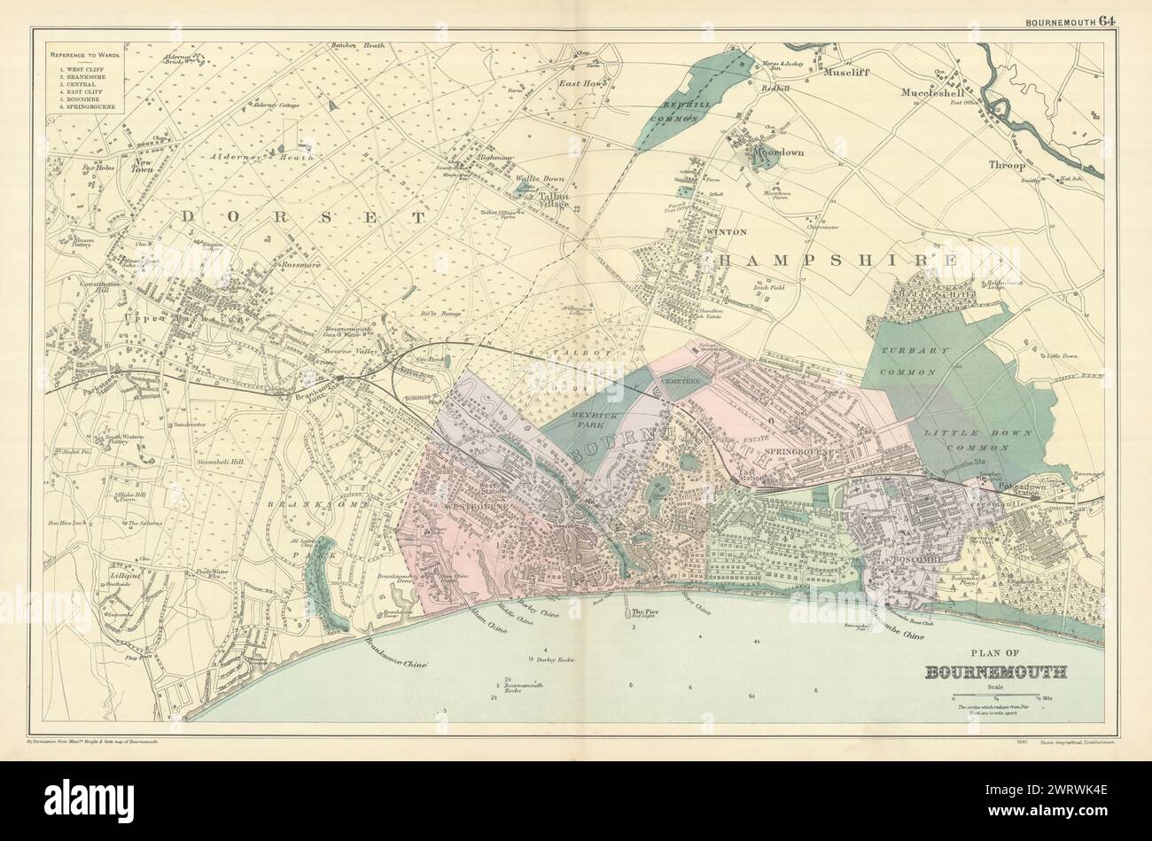 BOURNEMOUTH town city plan. Westbourne Springbourne Boscombe BACON 1898 ...