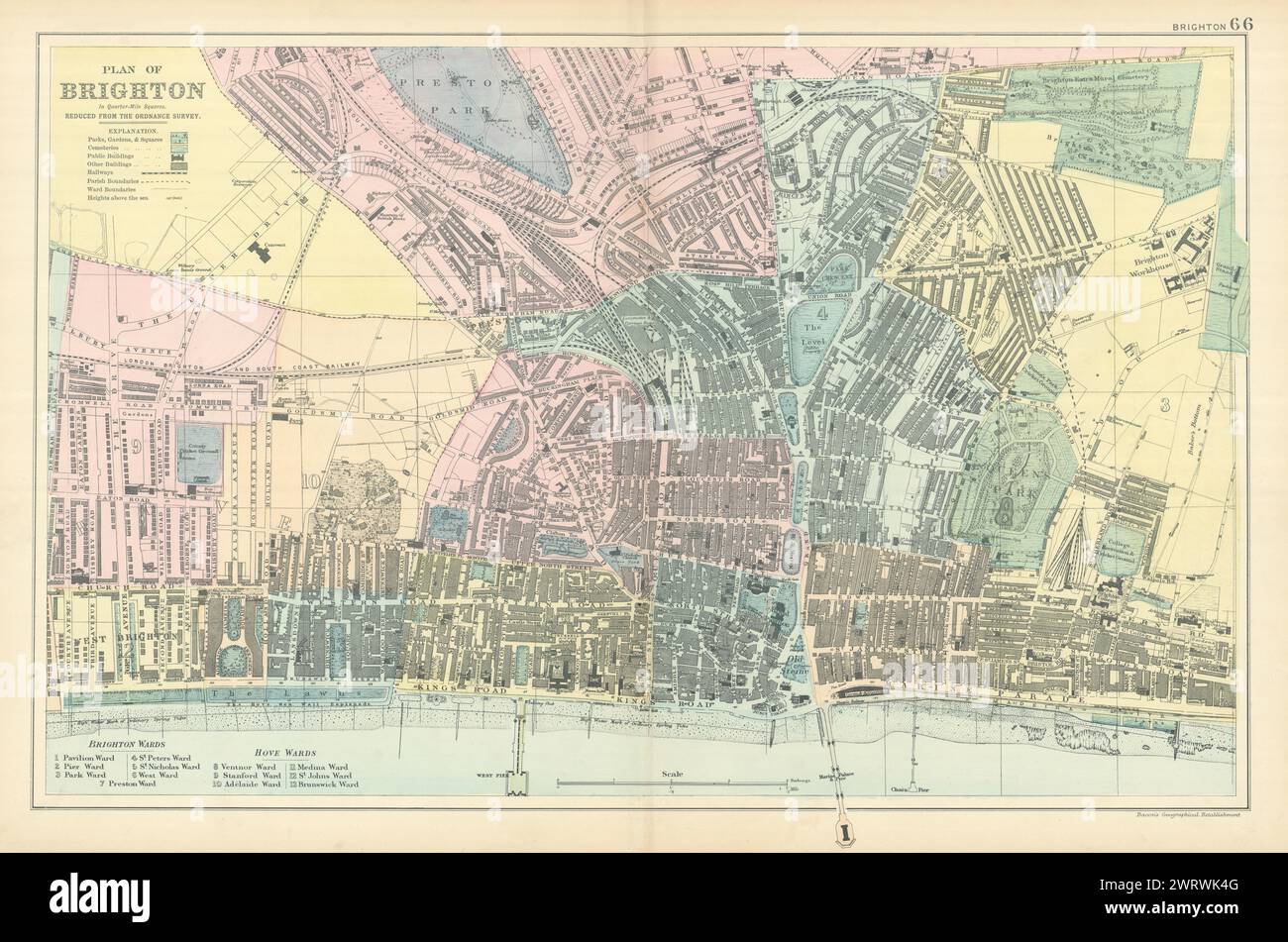 BRIGHTON & HOVE antique town city plan by GW BACON Sussex 1898 old map ...