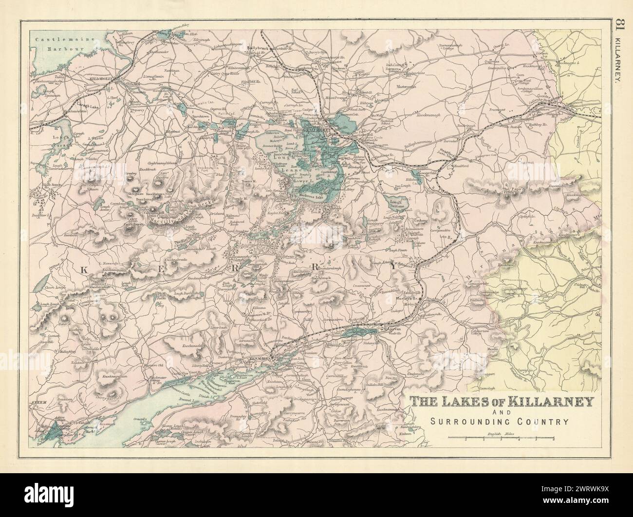 KILLARNEY LAKES Kerry Kenmare Ireland antique map by GW BACON 1898 old ...