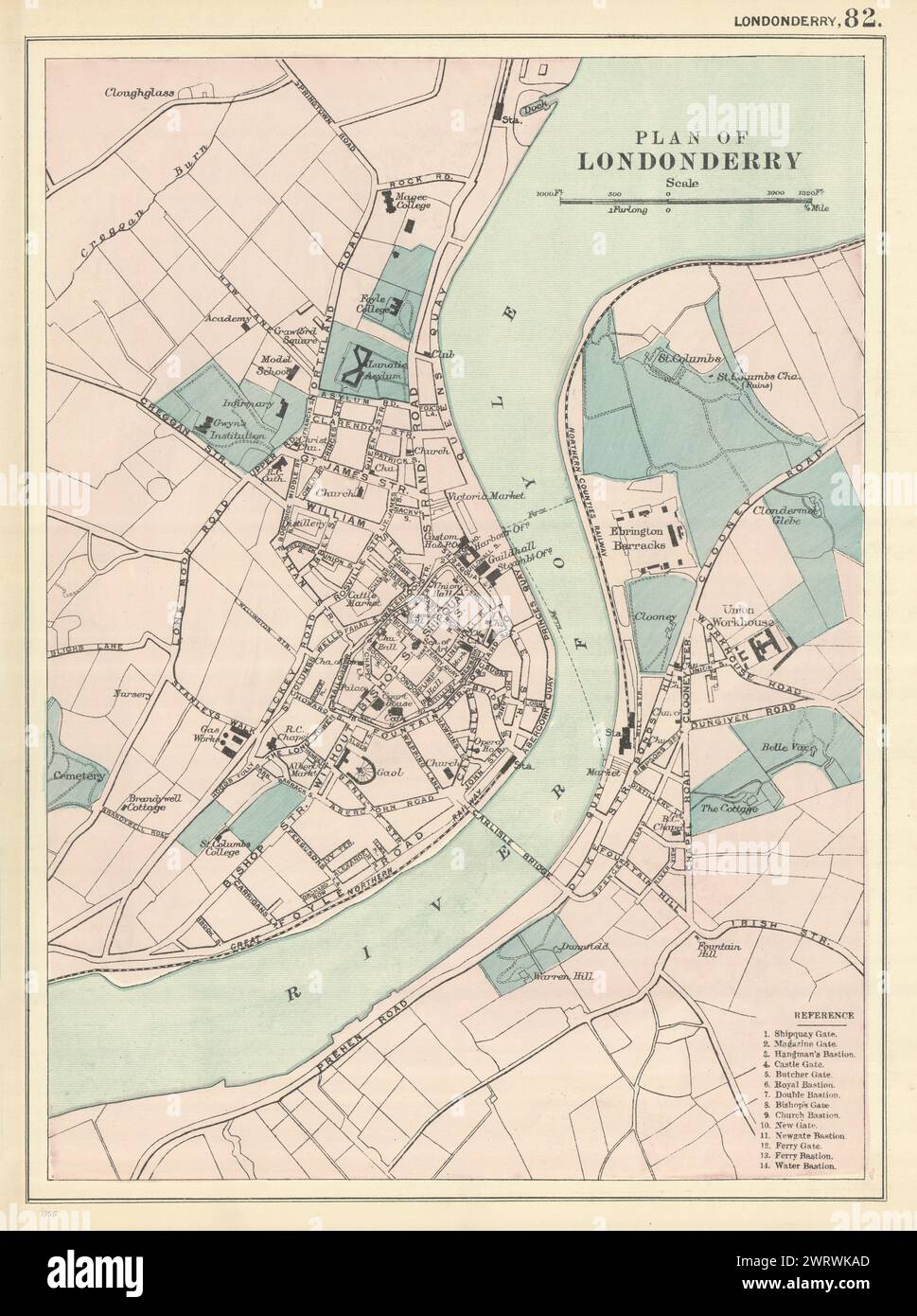 LONDONDERRY town city plan. Foyle Brandywell Dungiven Road. BACON 1898 ...