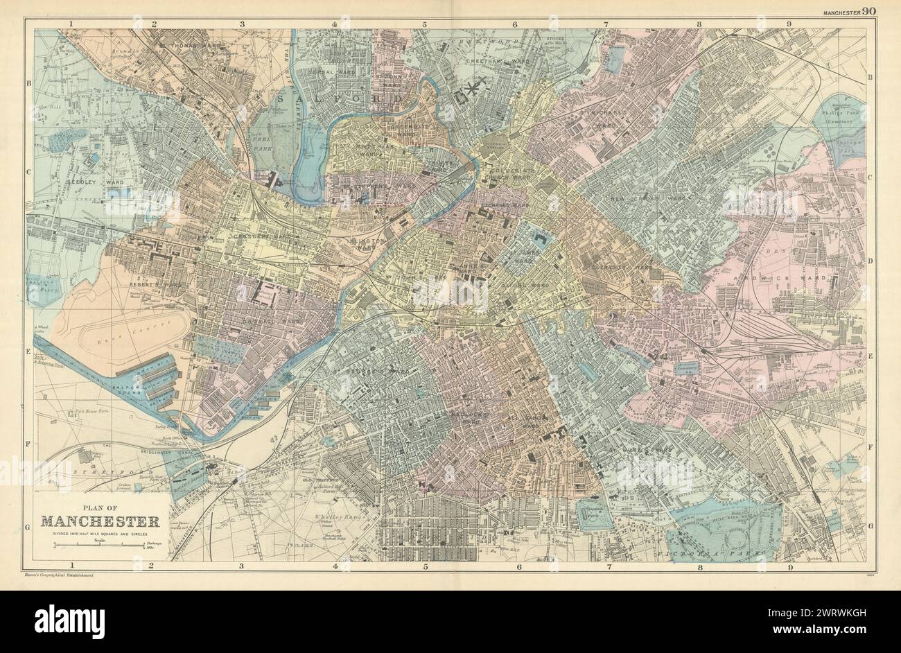 MANCHESTER Salford Trafford antique town city plan GW BACON 1898 old ...